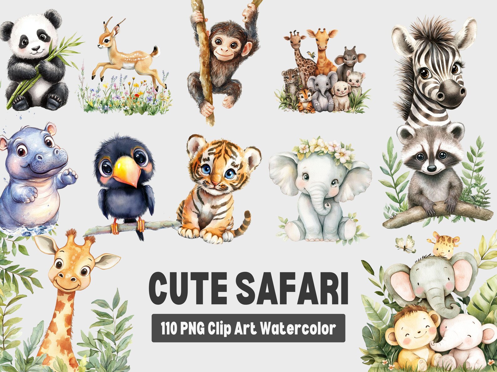 Cute Safari Clipart, Watercolor Safari Animals PNG, Jungle Wildlife ...