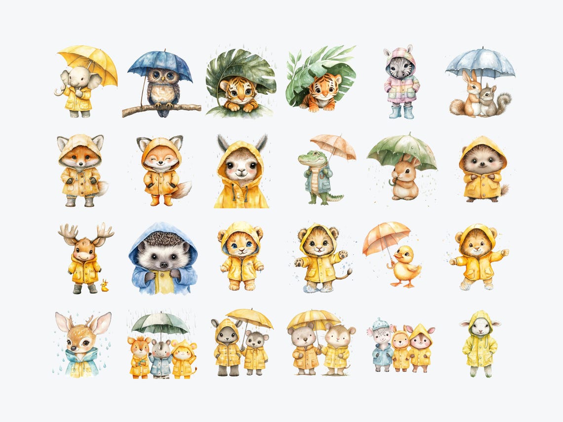 Watercolor Rainy Day Animal Clipart, Cozy Raincoats (digital Download ...