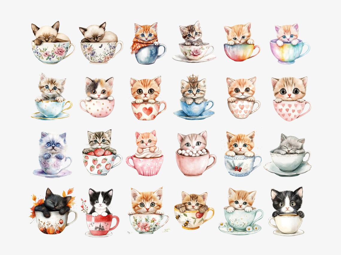 Kitten Cup Clipart, Watercolor Cat Clipart, Cute Kitten Clipart, Tea ...