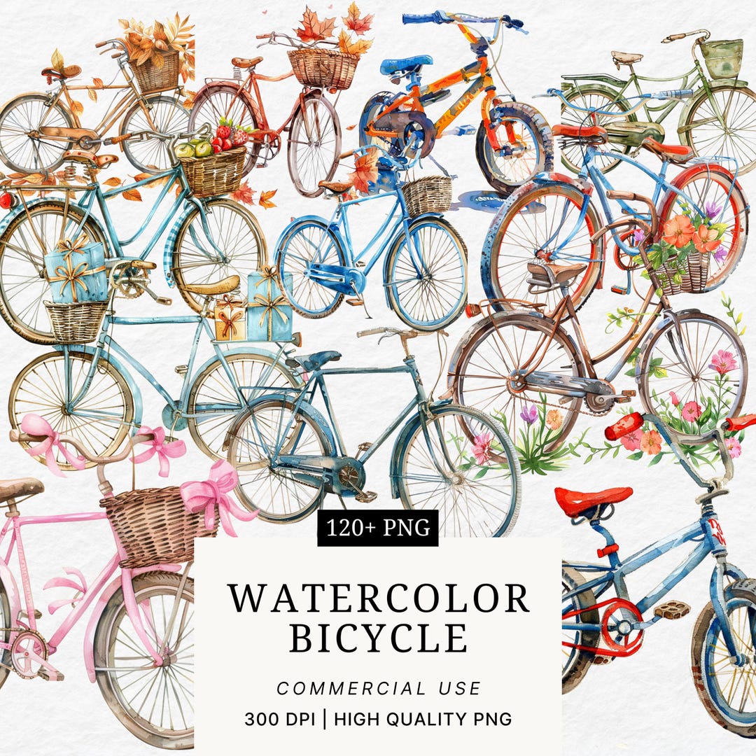 Watercolor Bicycle Clipart: Vintage Floral Bike PNG (digital Download ...