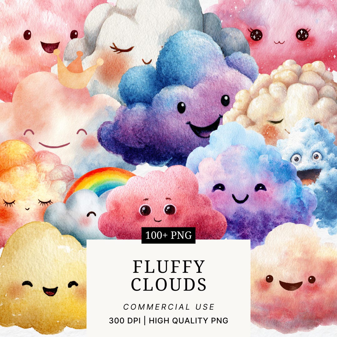 Fluffy Clouds Clipart Set: Dreamy Sky PNG Illustrations (digital ...
