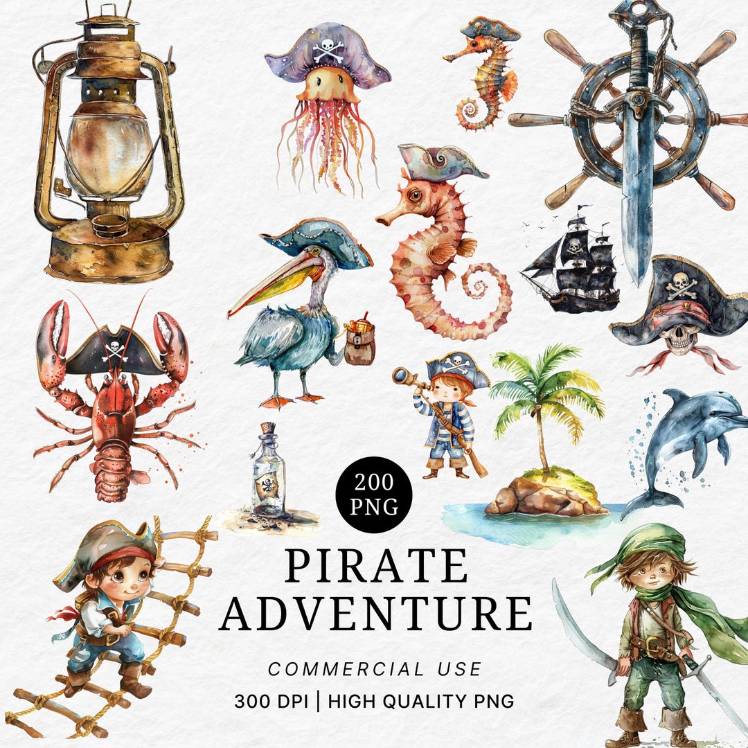 Pirate Adventure Clipart Set: Nautical Illustrations (PNG, Digital ...