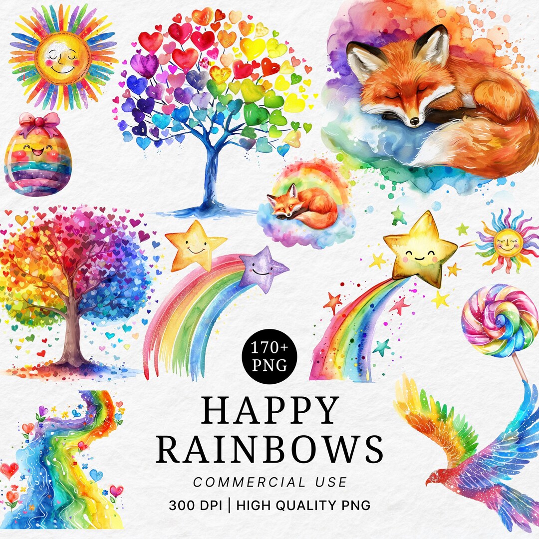 Rainbow Clipart Set: Kawaii Kids Art, Pastel PNG Images (digital ...