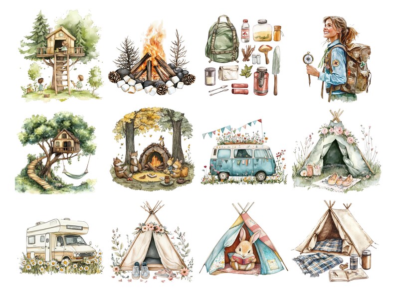 Camping Clipart, Outdoor Adventure PNG, Tent and Campfire Illustration ...