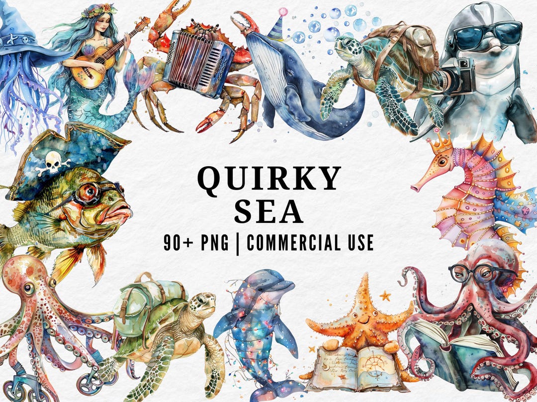 Watercolor Sea Life Clipart, Funny Ocean PNG (digital Download) - Etsy