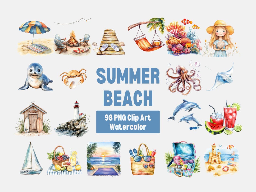 Summer Beach Clipart, Watercolor Beach PNG, Tropical Vacation Clipart ...