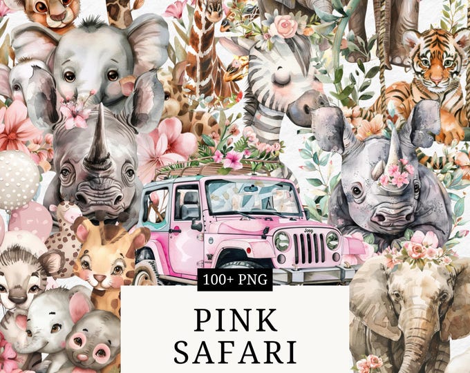 Pink Safari Animals PNG Cute Wildlife Clipart African Safari Jeep ...