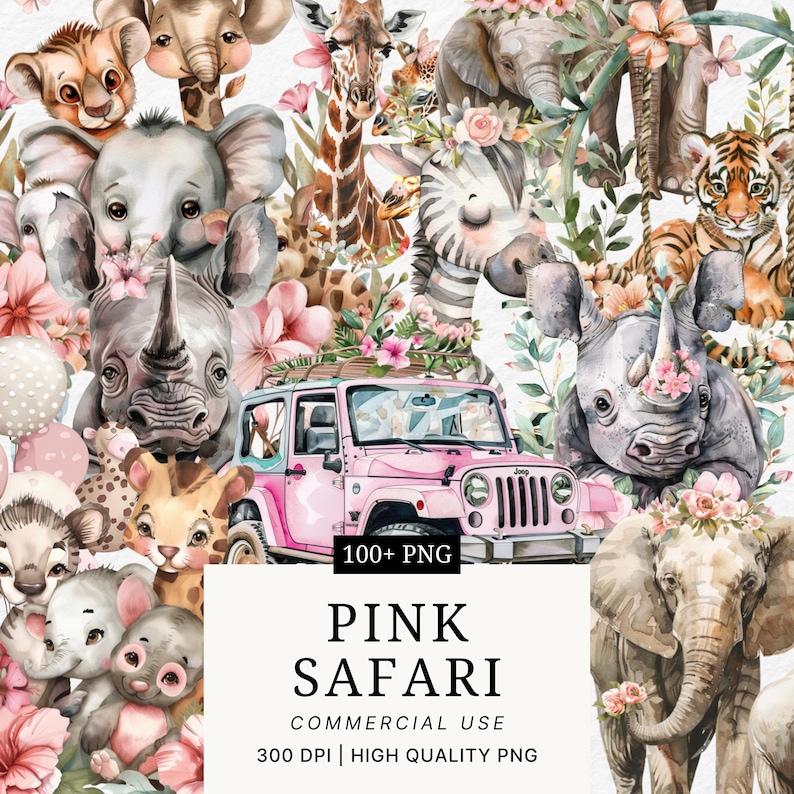 Pink Safari Animal Clipart: Watercolor Jungle Theme (digital Download ...