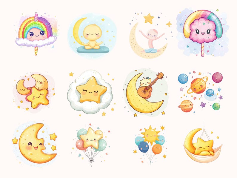 Kawaii Sky Element Clipart, Cute Cloud Sun Moon PNG, Pastel Weather ...