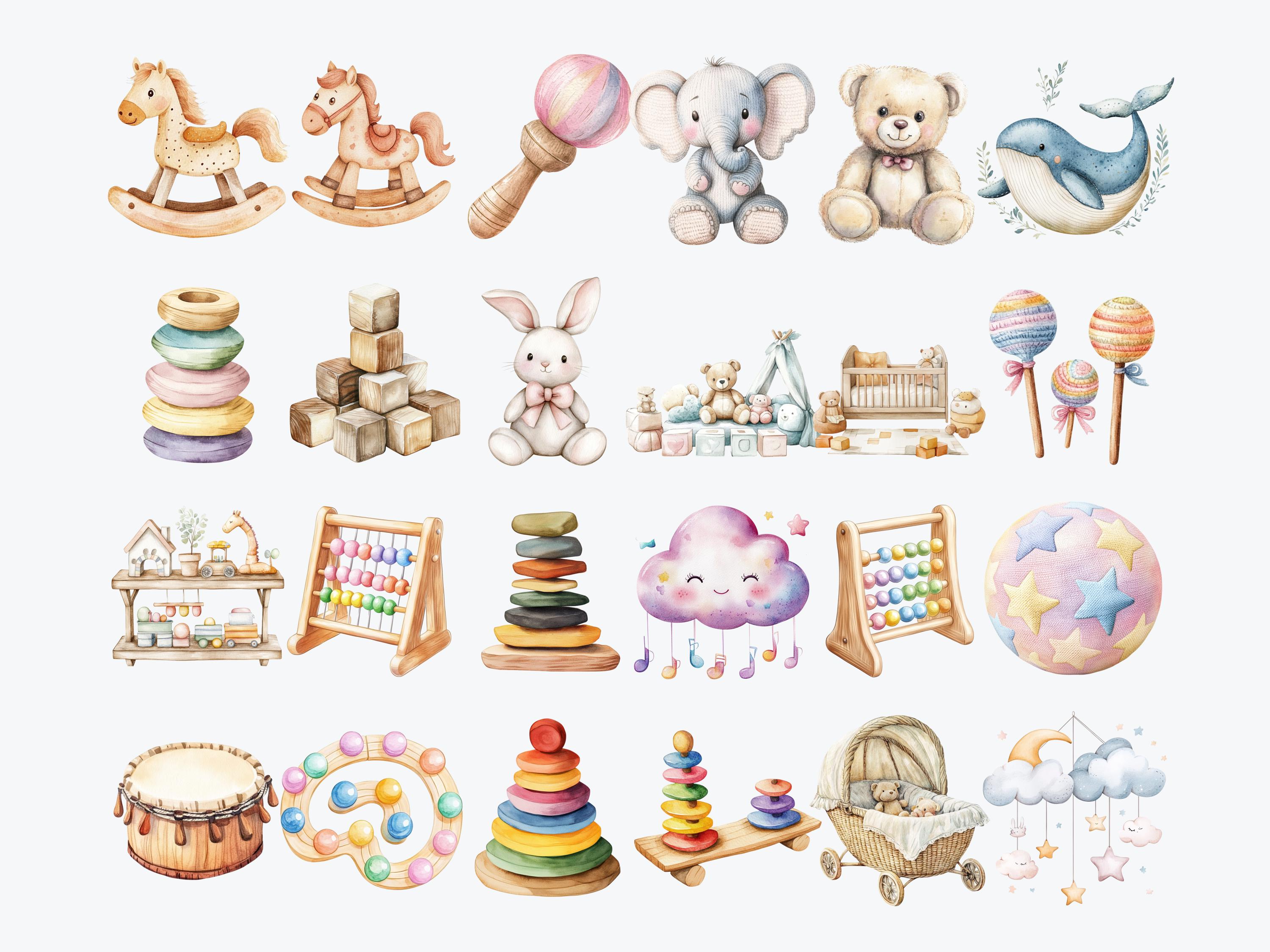 Baby Toys Clipart, Watercolor Baby Clipart, Vintage Toys Clipart ...