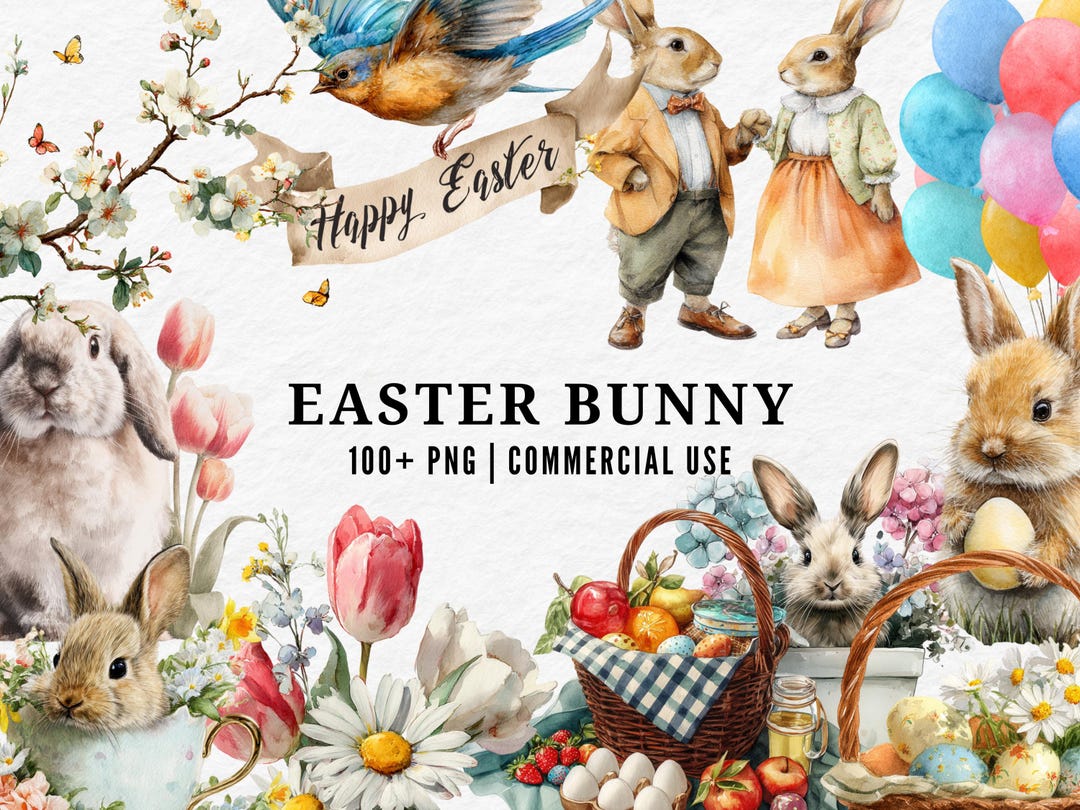 Easter Bunny Clipart, Whimsical PNG Spring Illustration (digital ...