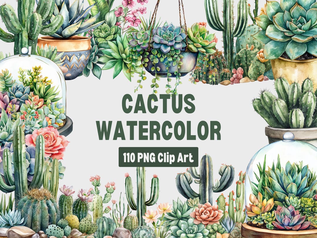Watercolor Cactus Clipart, Succulent Plant Clipart, Vintage Cactus ...