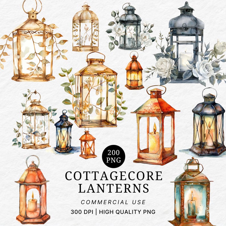 Cottagecore Lanterns Clipart Set: Vintage Rustic PNG (digital Download ...