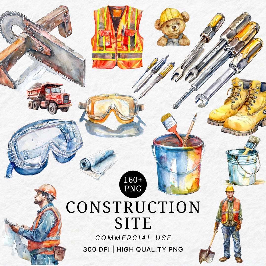 Construction Clipart Set: Watercolor Builder Truck, Tools PNG (digital ...