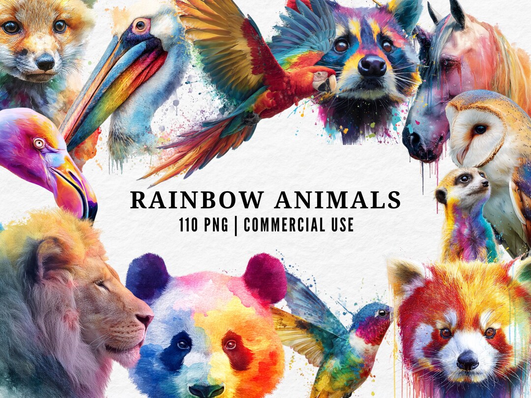 Rainbow Animal Clipart: Whimsical Pet PNG Illustrations (digital ...