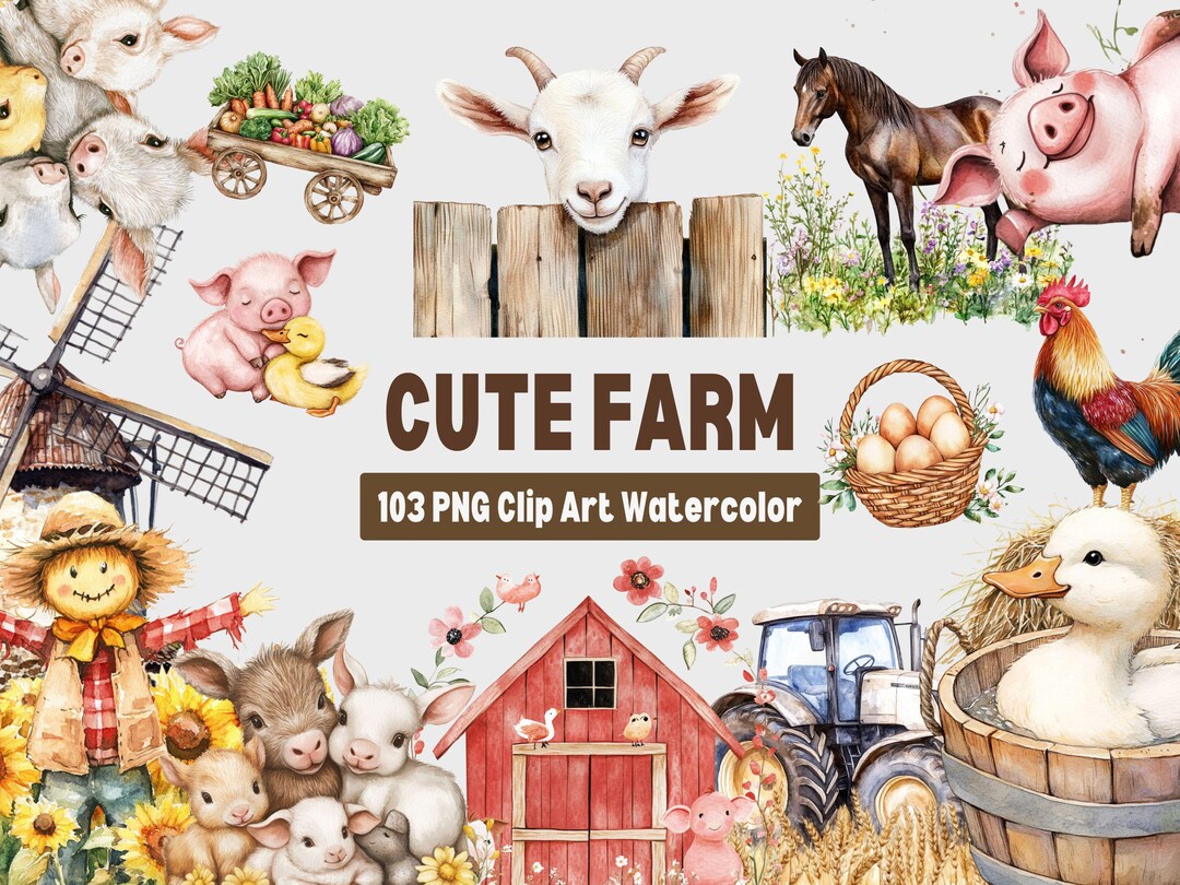 Ute Farm Clipart, Watercolor Farm PNG, Adorable Farm Animals, Barnyard ...