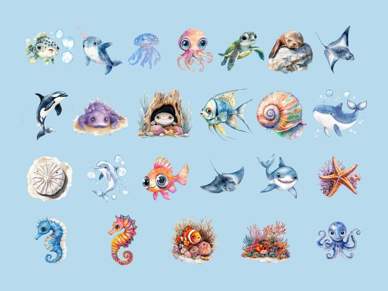 Undersea Clipart | Watercolor Ocean Clipart | Cute Sea Animal Clipart ...