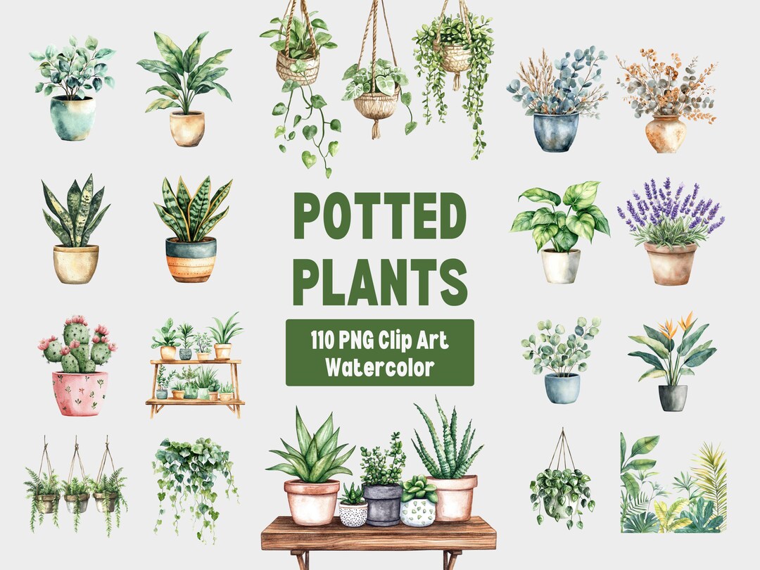 Potted Plants Clipart, Watercolor Houseplants PNG, Indoor Greenery ...