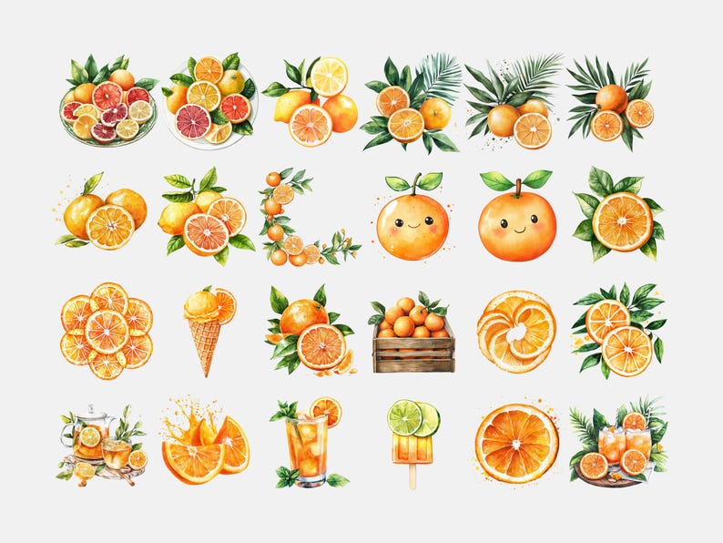 Orange Summer Clipart, Watercolor Summer PNG, Citrus Fruit Clipart ...