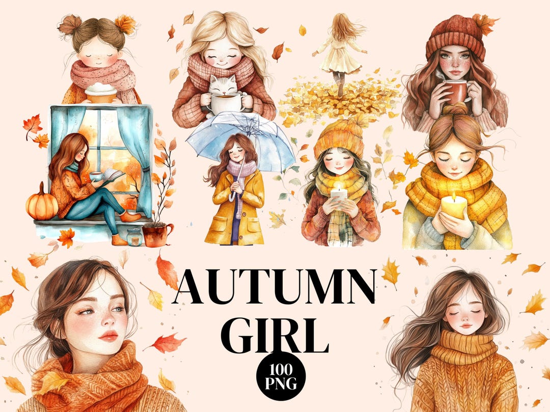 Autumn Girl Clipart, Watercolor Fall Girl Clipart, Cozy Autumn Clipart ...