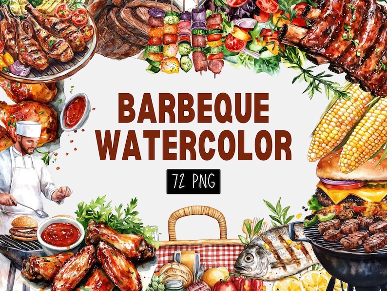BBQ Clipart, Watercolor Barbecue Clipart, Grill Clipart, Cooking ...
