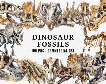 12 Dinosaur Fossil Clipart, Watercolor Prehistoric Skeleton, Printable ...