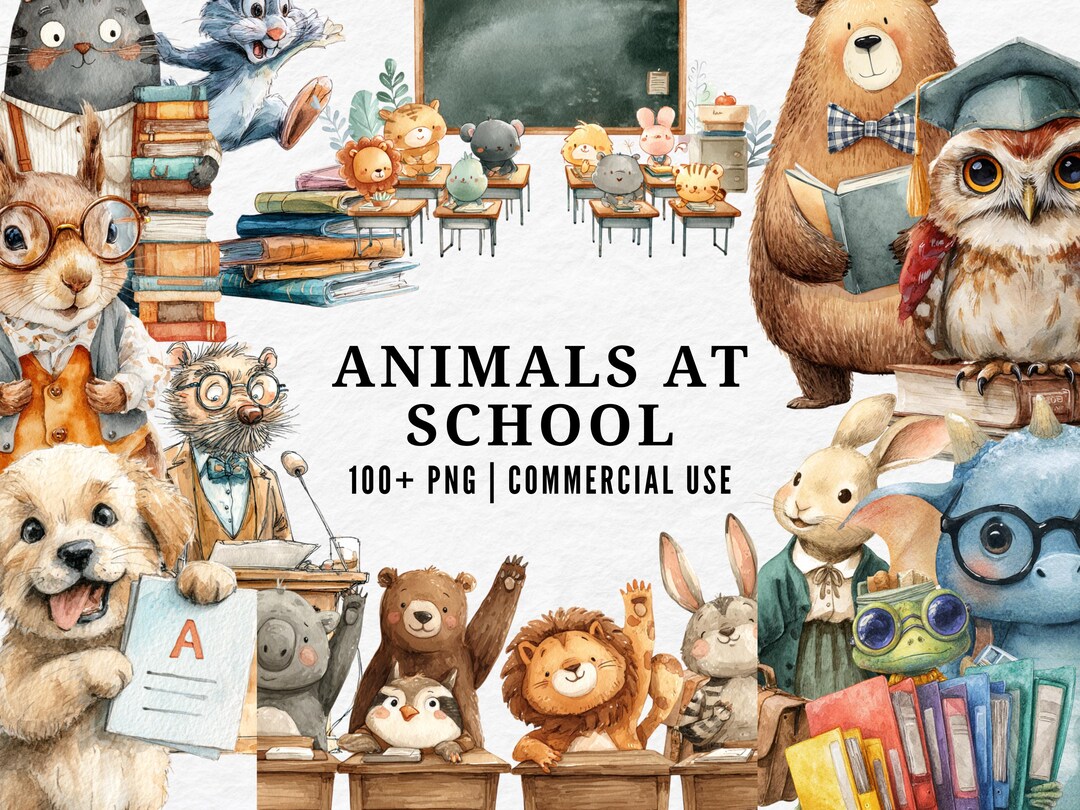 Animal at School Clipart, Cute Student Animal PNG, Classroom ...