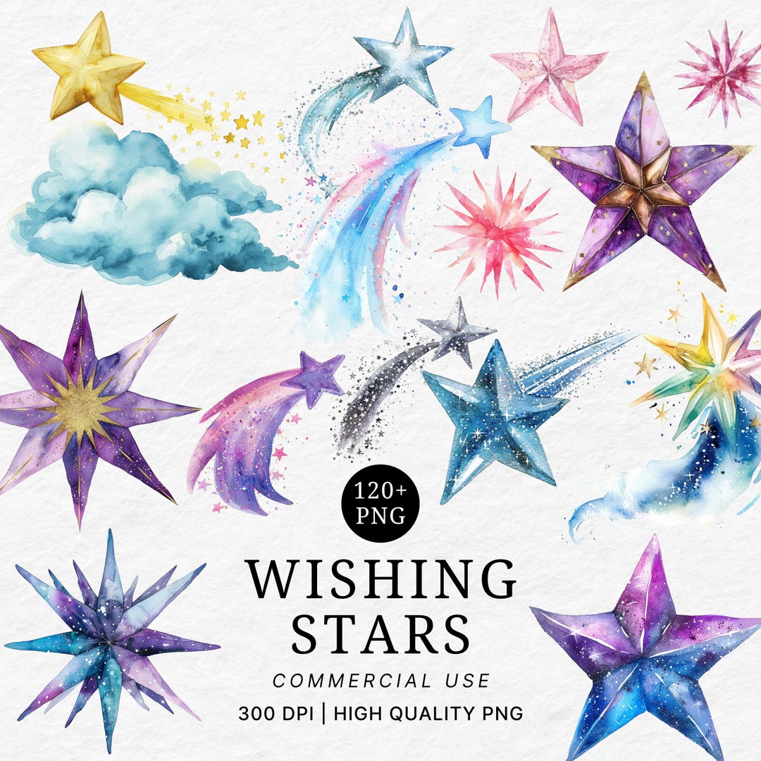 Wishing Stars Clipart Set: Celestial PNG Illustrations (digital ...