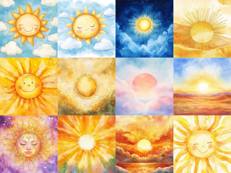 Watercolor Sun Clipart, Summer Sun PNG, Sunshine Illustration, Warm ...