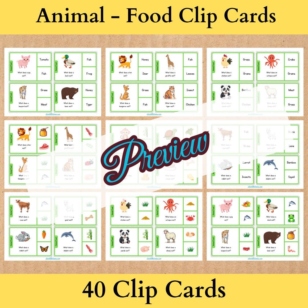 Animal & Its Food Clip Cards - 40 | Animal Food Matching | Animals and ...