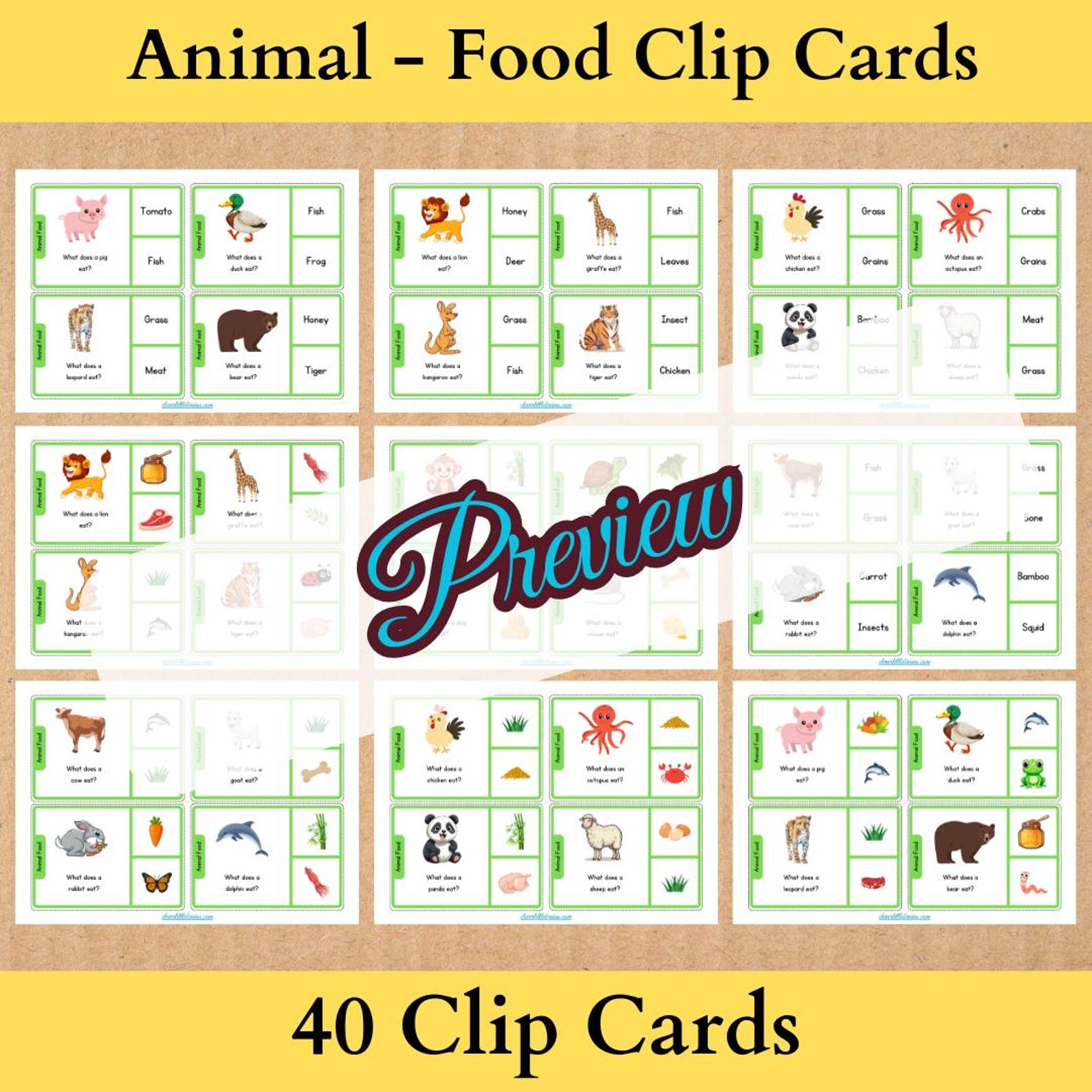 Animal & Its Food Clip Cards - 40 | Animal Food Matching | Animals and ...