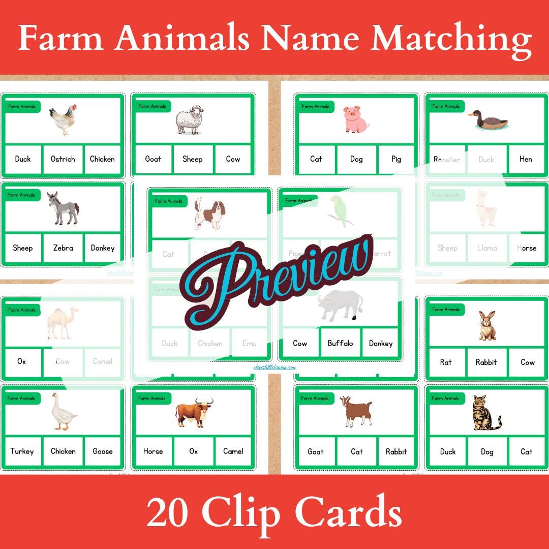 Farm Animals Name Matching Clip Cards | Match Animals With Their Names ...