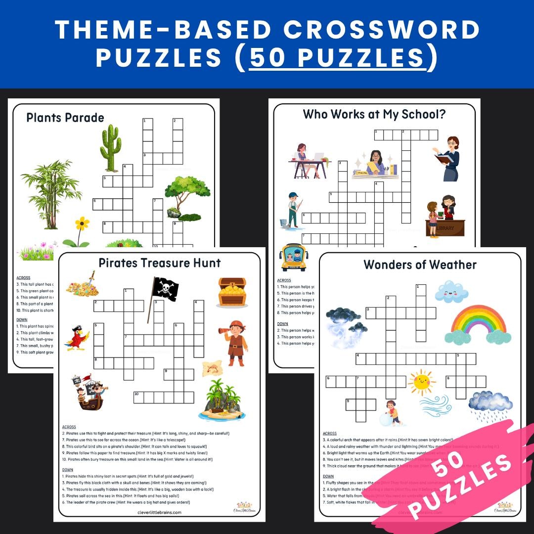 Themed Crossword Puzzles for Kids | 50 Printable Vocabulary & Spelling ...