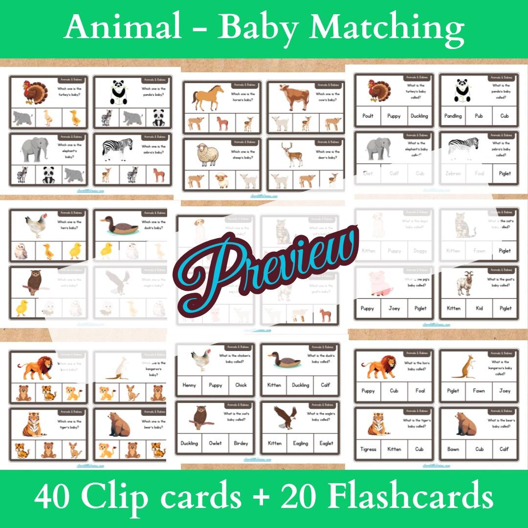 Animal Baby Matching Flashcards & Clip Cards - 60 | Animal Baby ...