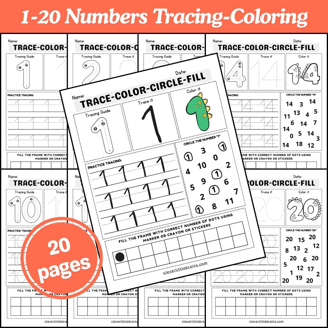 1-20 Number Tracing Worksheets: Numbers Learning Trace, Color and Fill ...