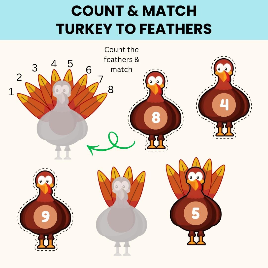 Count & Match Turkey to Feathers | Thanksgiving Math Activity | Fall ...