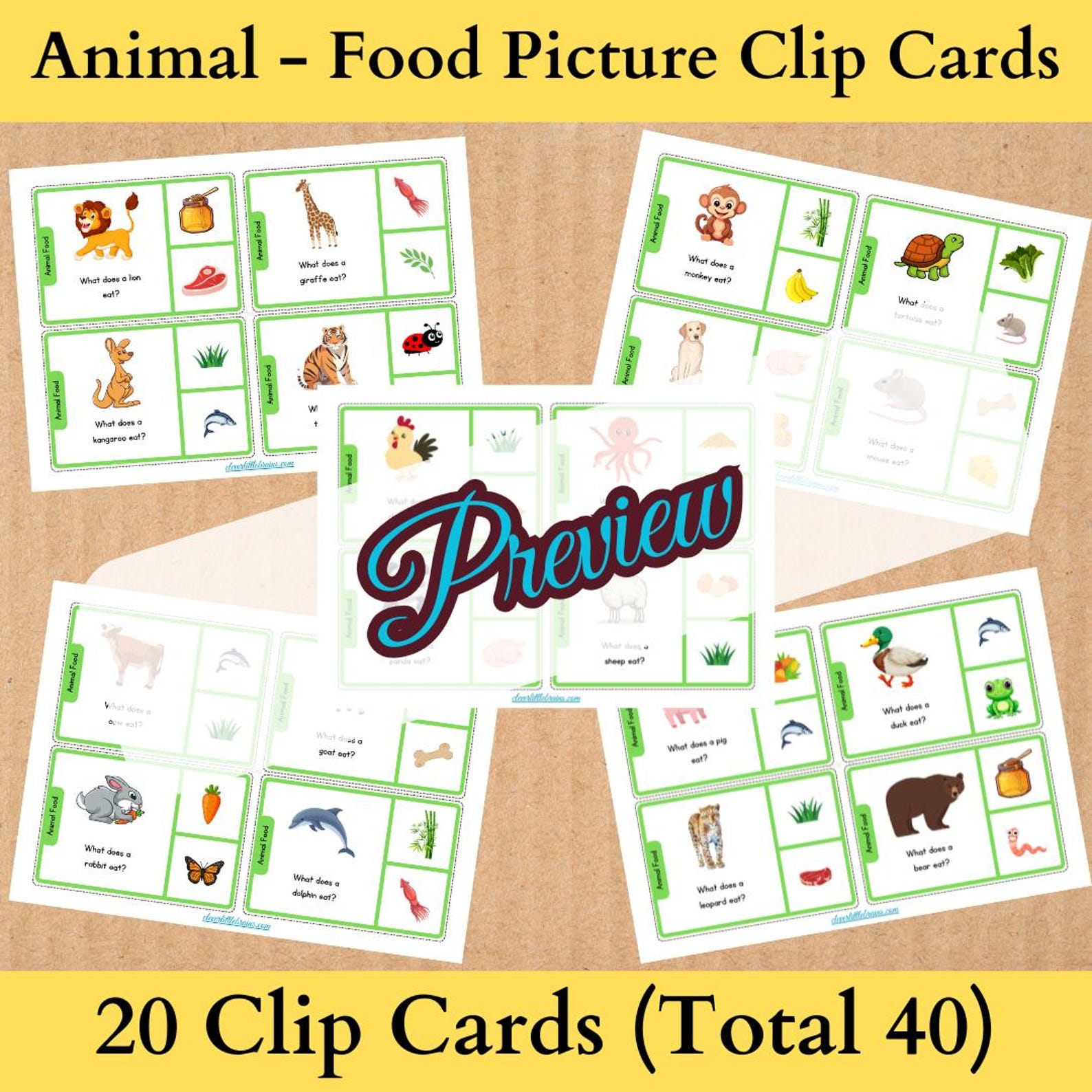 Animal & Its Food Clip Cards - 40 | Animal Food Matching | Animals and ...