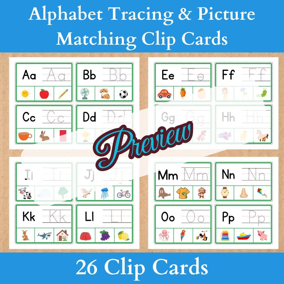 Alphabet Tracing and Picture Matching Clip Cards | Learn Trace & Match ...