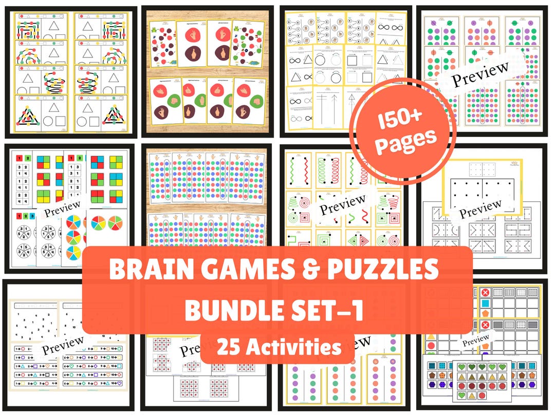 Brain Games & Logical Puzzles Bundle SET-1 | 25 Templates Set | Hand ...