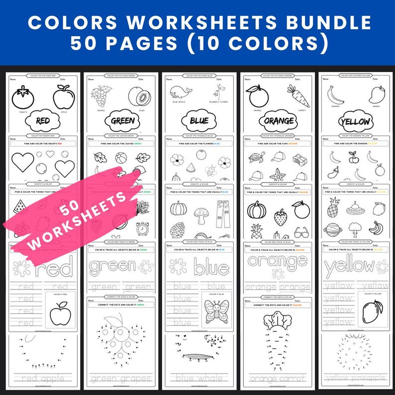 Learning Colors Worksheet Bundle for Preschool Kids – 50 Printable ...