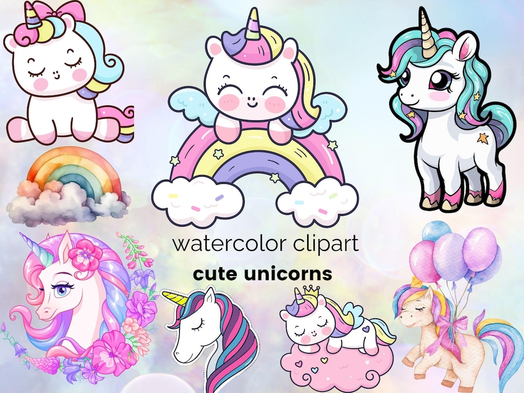 Unicorn Watercolor Clipart, Cute Unicorns Clip Art, Rainbow Png, Baby ...
