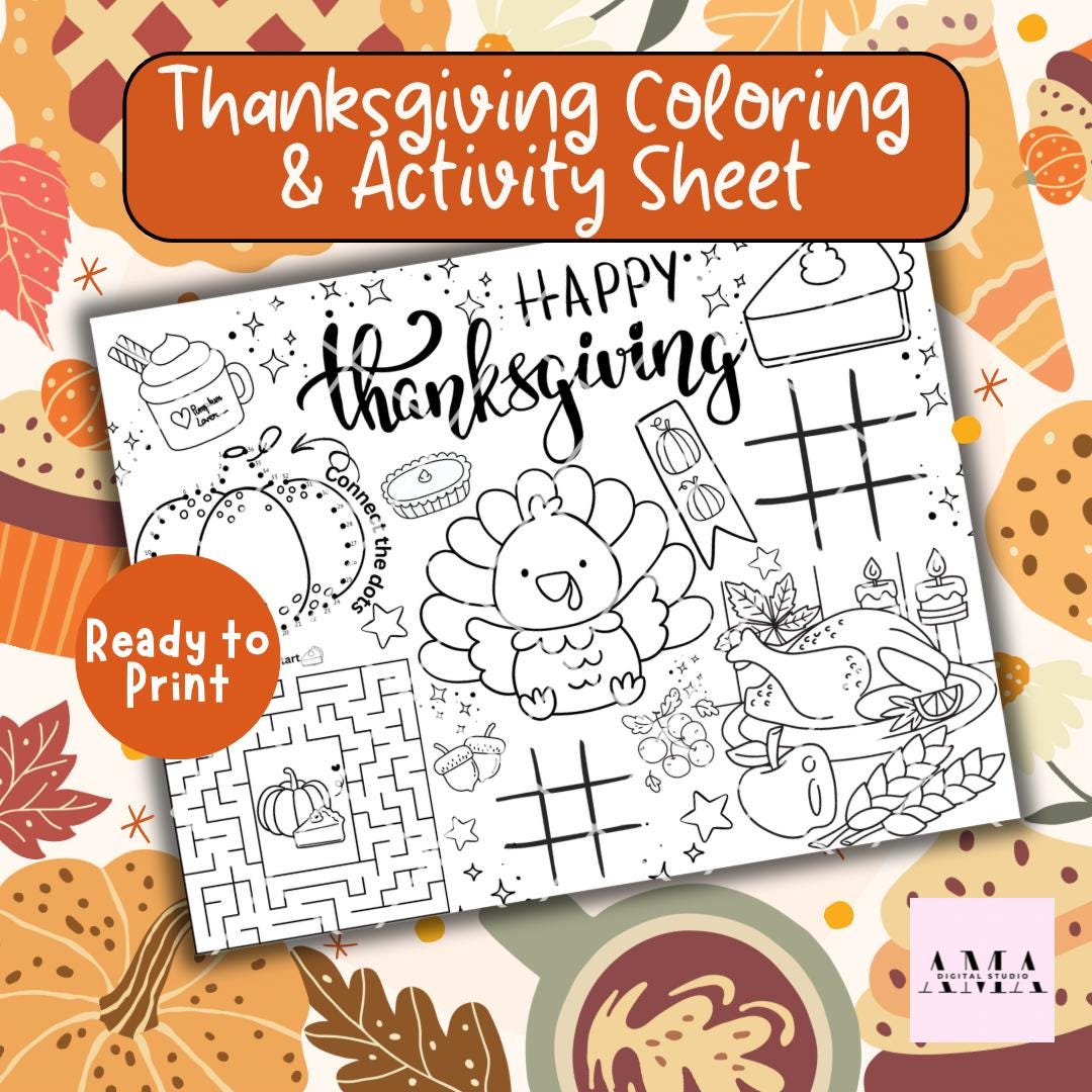 Kids Thanksgiving Color & Activity Sheet || Ready to Print || Digital ...