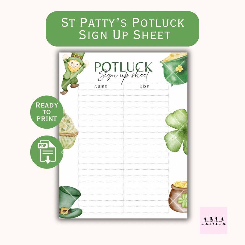 St Patty’s Potluck Sign up Sheet || Ready to Print || Digital Download ...