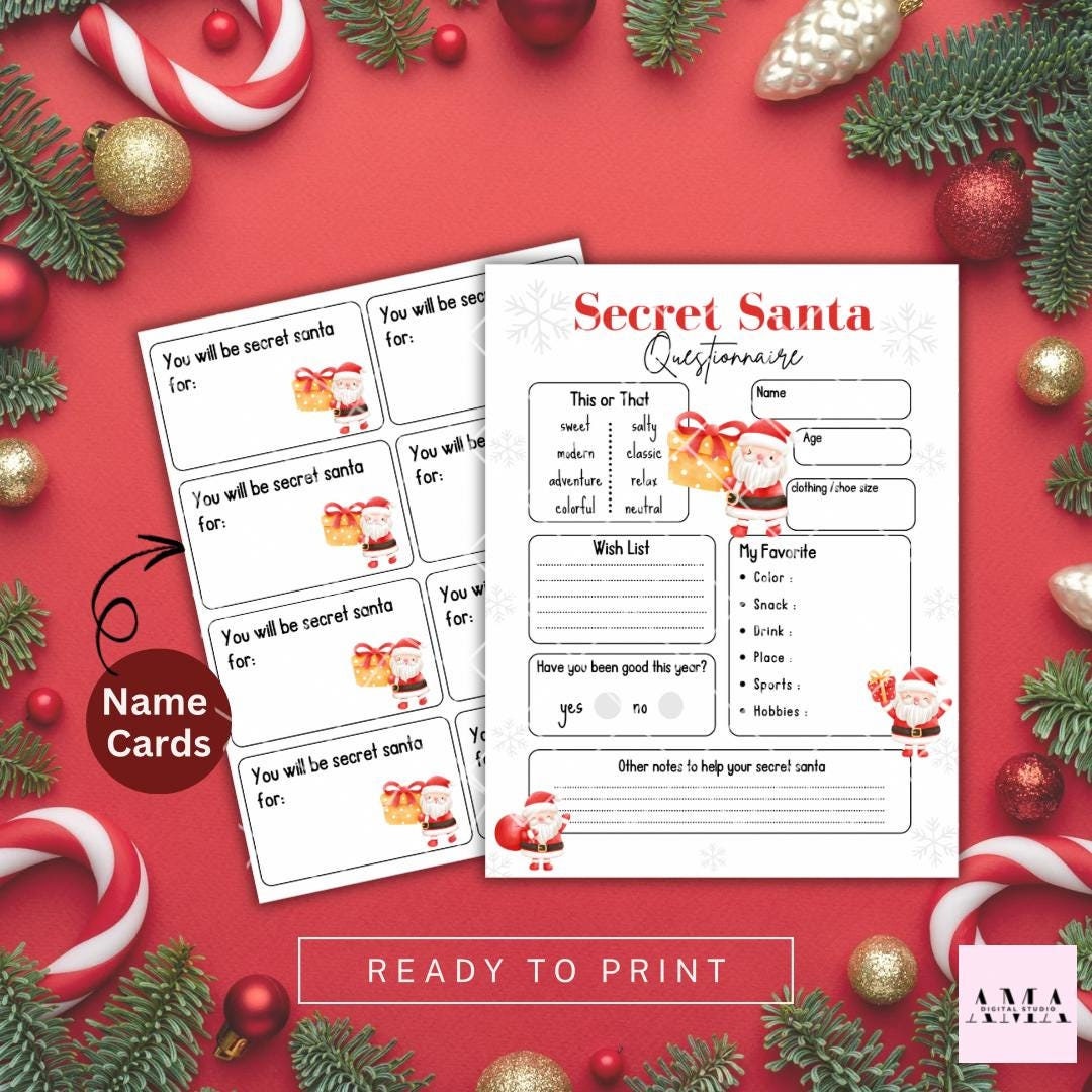 Secret Santa Questionnaire Sheet With Name Cards Ready to Print Digital ...