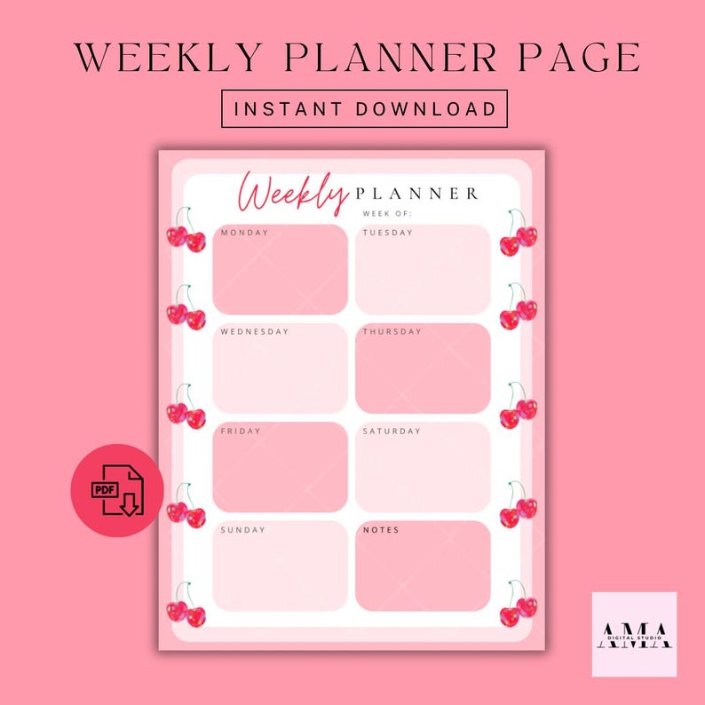Weekly Planner Cherries || Ready to Print || Digital Download ...