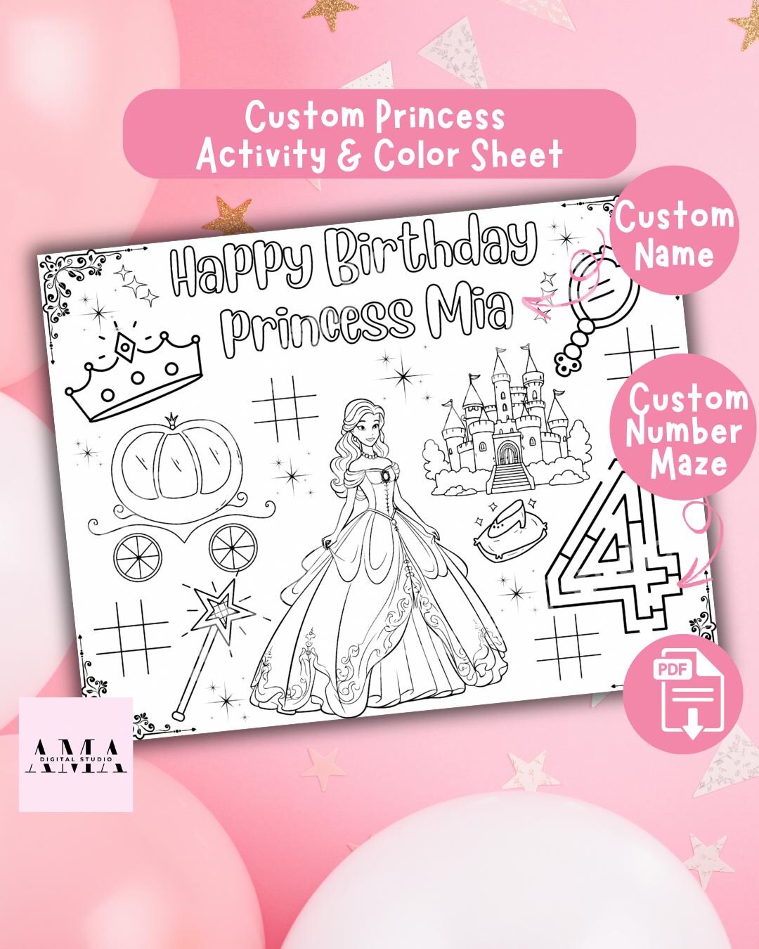 Princess Customized Birthday Color & Activity Sheet || Digital Download ...
