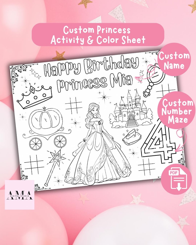 Princess Customized Birthday Color & Activity Sheet || Digital Download ...