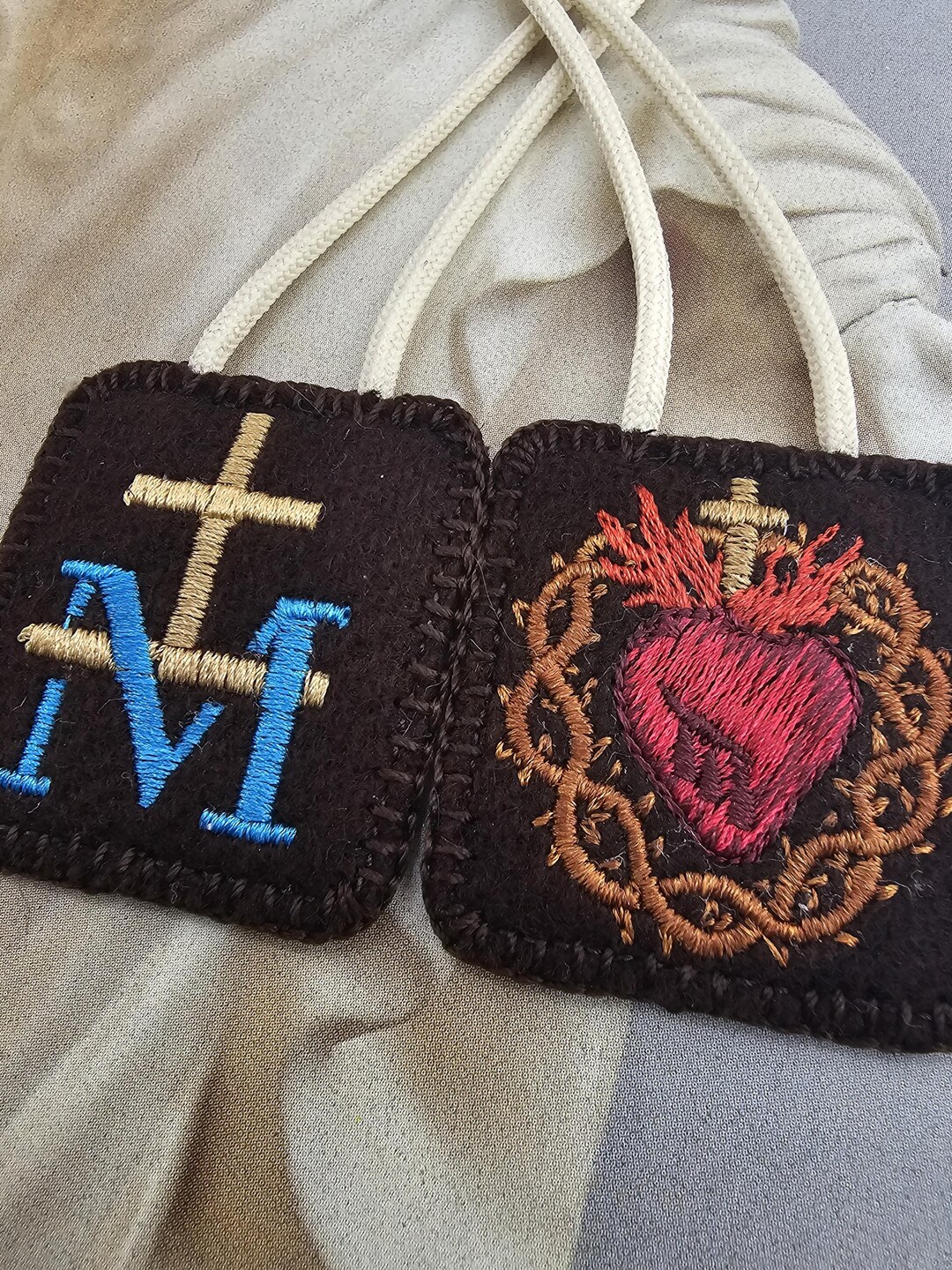 Embroidered Brown Scapular*100% Woven Wool*marian Cross and Jesus Sacred Heart*catholic ...