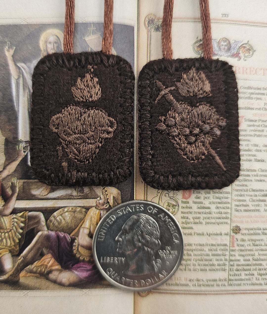 Mini Embroidered Brown Scapular*100% Woven Wool*sacred Heart Jesus ...