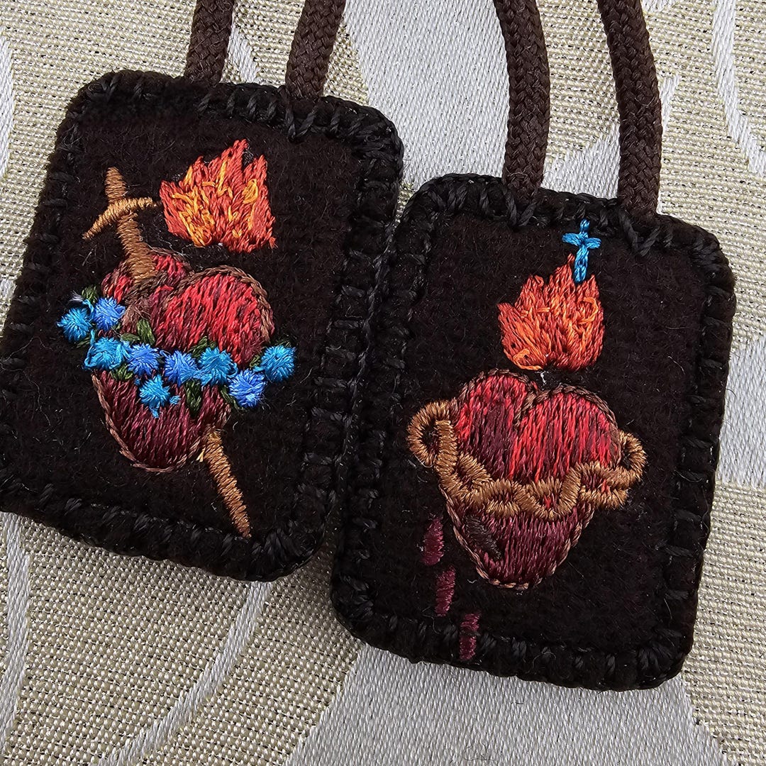 Mini Embroidered Brown Scapular*100% Woven Wool*sacred Heart Jesus ...